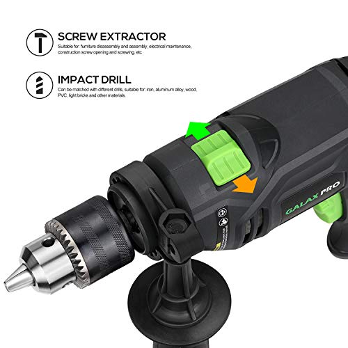 GALAX PRO 5Amp 1/2-inch Corded Impact Drill with 105pcs Accessories, Variable Speed 0-3000, Hammer and Drill 2 Functions in 1, 360°Rotating Handle, Depth Gauge, Carrying Case Included