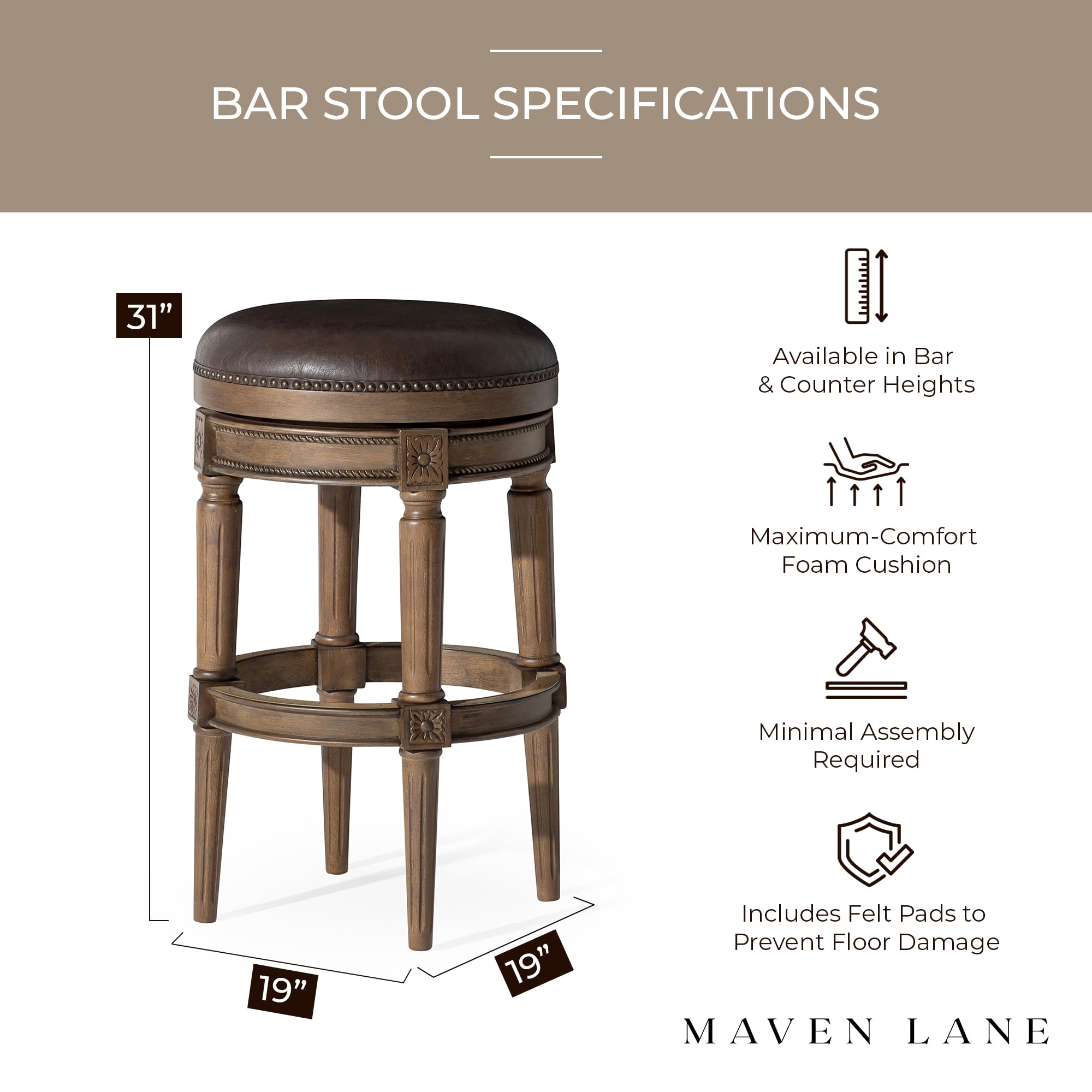 Maven Lane Pullman 31 Inch Tall Bar Height Upholstered Backless Barstool in Walnut Finish with Marksman Saddle Vegan Leather Cushion Seat, Set of 3