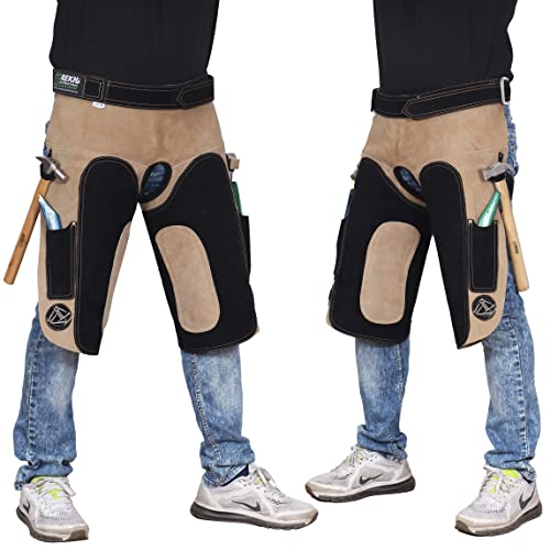 Rekhi International Professional Farrier Apron Chaps, Horse shoe, Leather for men, Black on Beige, 25'' inches 63 cm