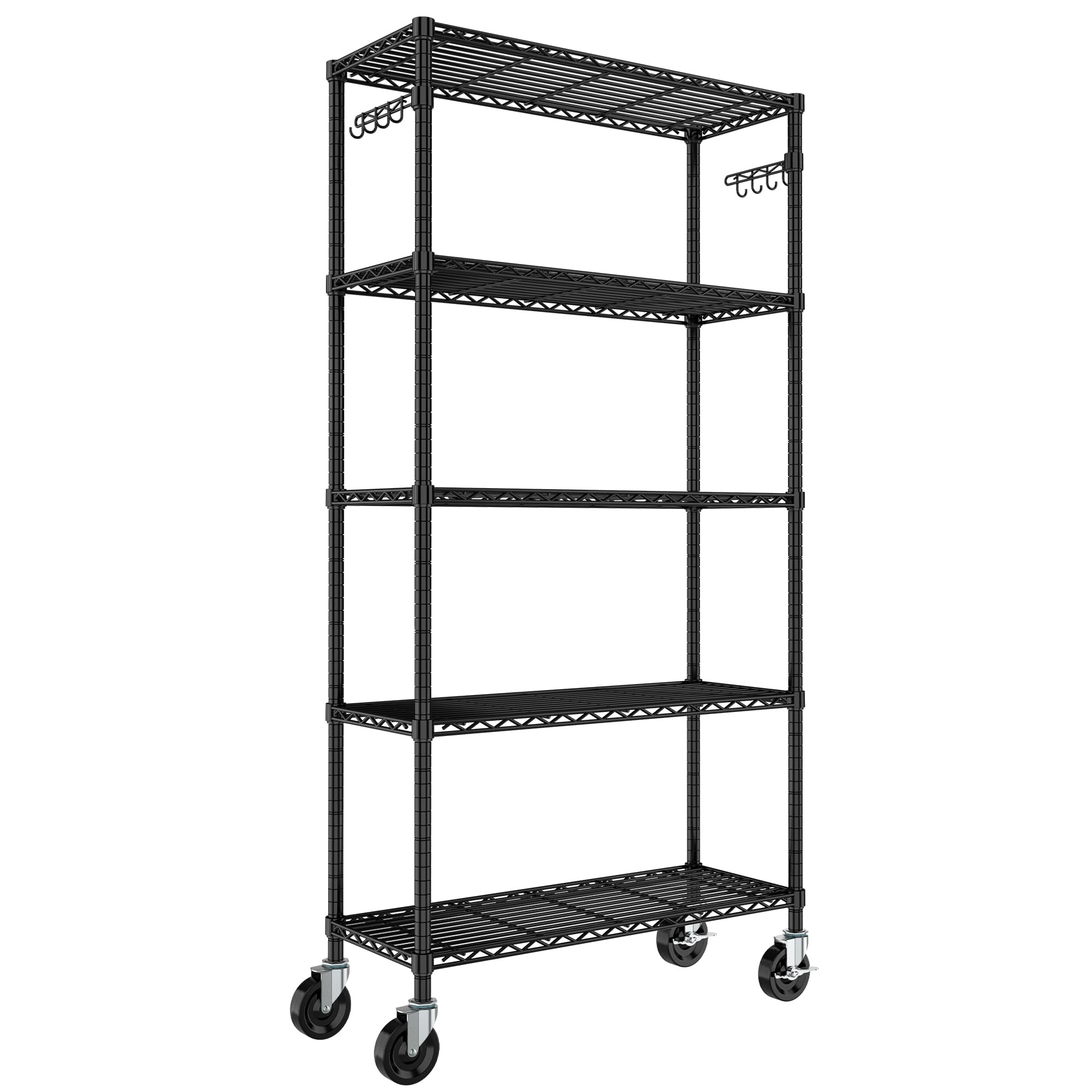 Folews Heavy Duty Storage Shelves 5-Tier, Wire Shelving Unit with Wheels & Adjustable Feet Metal Shelf Rack for Garage, Kitchen, Pantry, Laundry Room 400 Lbs Per Shelf - 14x36x75