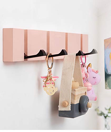 KYSMOTIC Pink Coat Hooks Wall Mounted for Girls, Modern Pink Coat Rack with Folding Hooks, Beautiful Pink Hooks for Girl Bedroom – Pink 4 Hooks