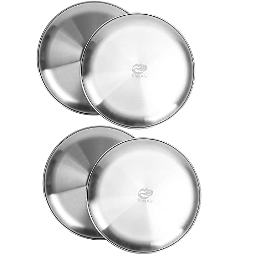 KissAir Reusable Brushed 18/8 Stainless Steel Round 9 Inch Plates Dish Set VintageĀ Eco Friendly Metal 304 Heavy Duty Kitchenware Feeding Dinner Dishes for Serving/Snack/Camping (4 PACK)