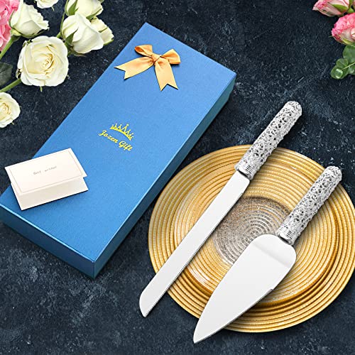 Jozen Gift Wedding Silver Cake Knife and Server Set - 2 Pcs Dessert Set Metal Handle with Crystal Stones Decoration for Wedding, Anniversary Party Birthday Banquets,Gifts for Bride and Groom