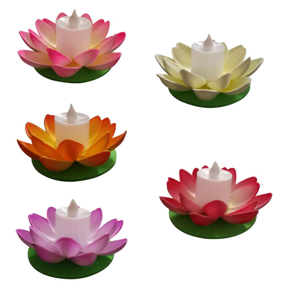 SOLUSTRE 5pcs floating lotus flowers Flower Night Lamp floating lantern LED floating candle light nativity decor flashing plastic lotus LED water lotus light flickering candles lily Battery