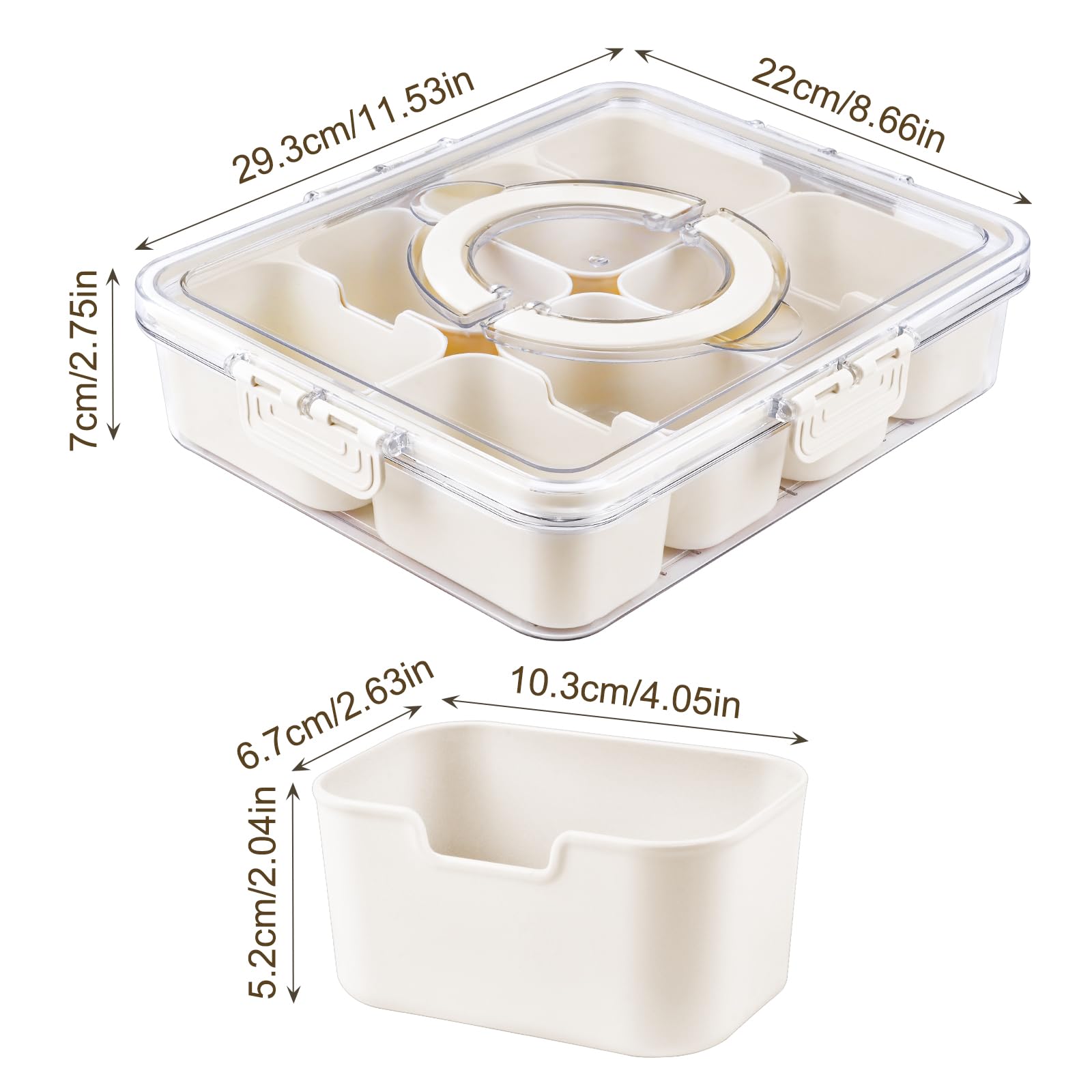 Divided Serving Tray with Lid & Handle - Portable Snackle Box Charcuterie Container for Snack Platters - 8 Compartments Snack Boxs for Candy, Fruits, Nuts - Perfect for Party, Entertaining(White)
