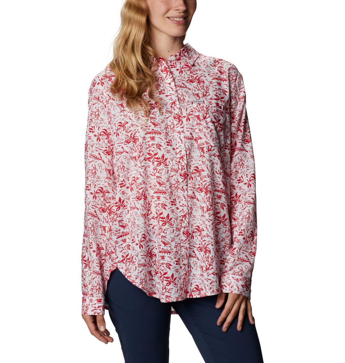 Columbia Women's Slack Water Woven Long Sleeve Shirt, Harbor Blue Kona Print, X-Large