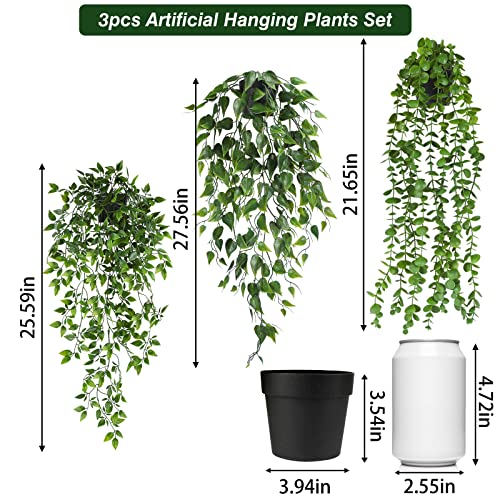 JPSOR 3pcs Fake Hanging Plants, Artificial Hanging Plants Kit, Potted Greenery Faux Eucalyptus Vine Golden Pothos Mandala Vine in Black Pot for Wall Room Patio Office Table Decor