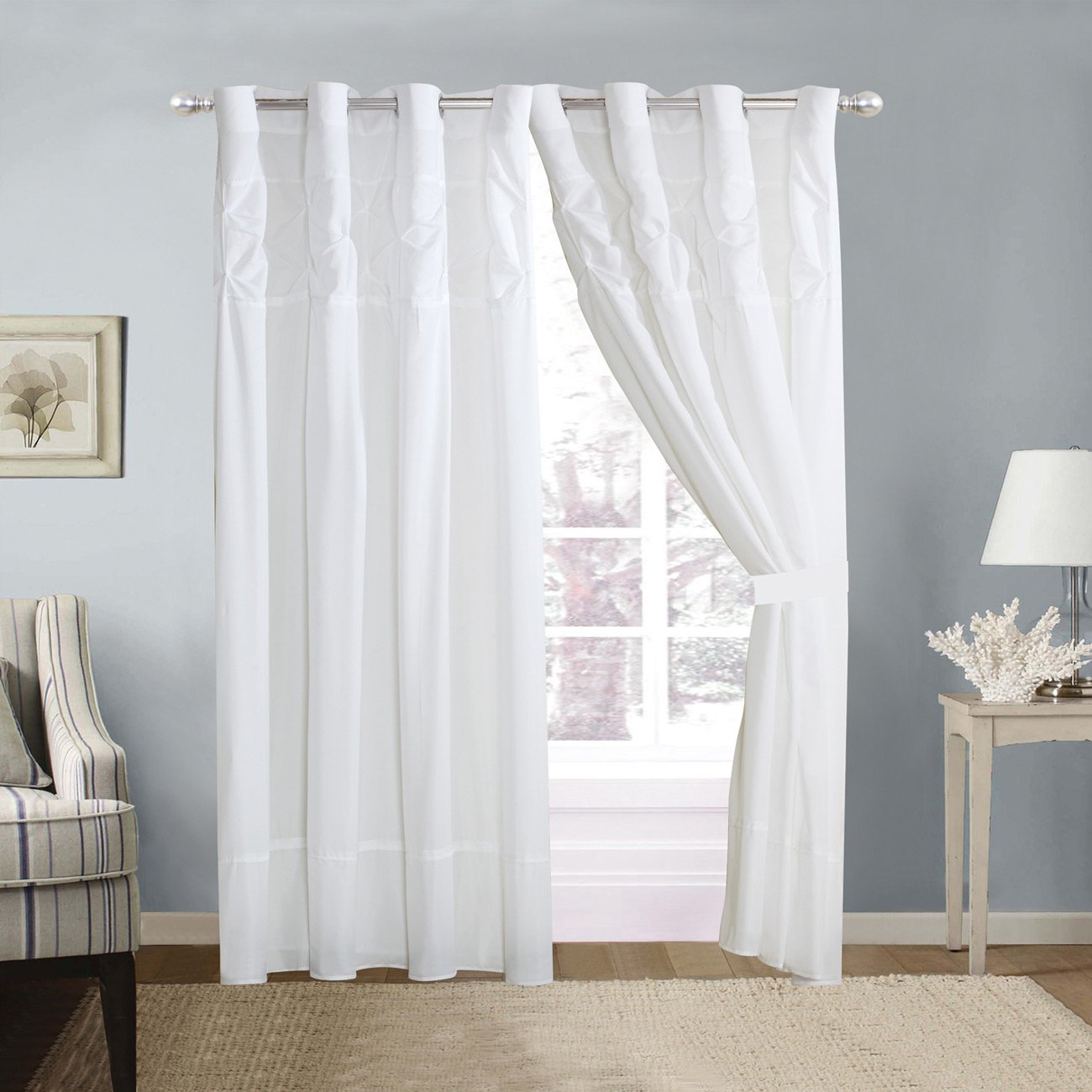 Grand Linen 3 Piece King Size Solid White Double-Needle Stitch Puckered Pinch Pleat Stripe Duvet Cover Set