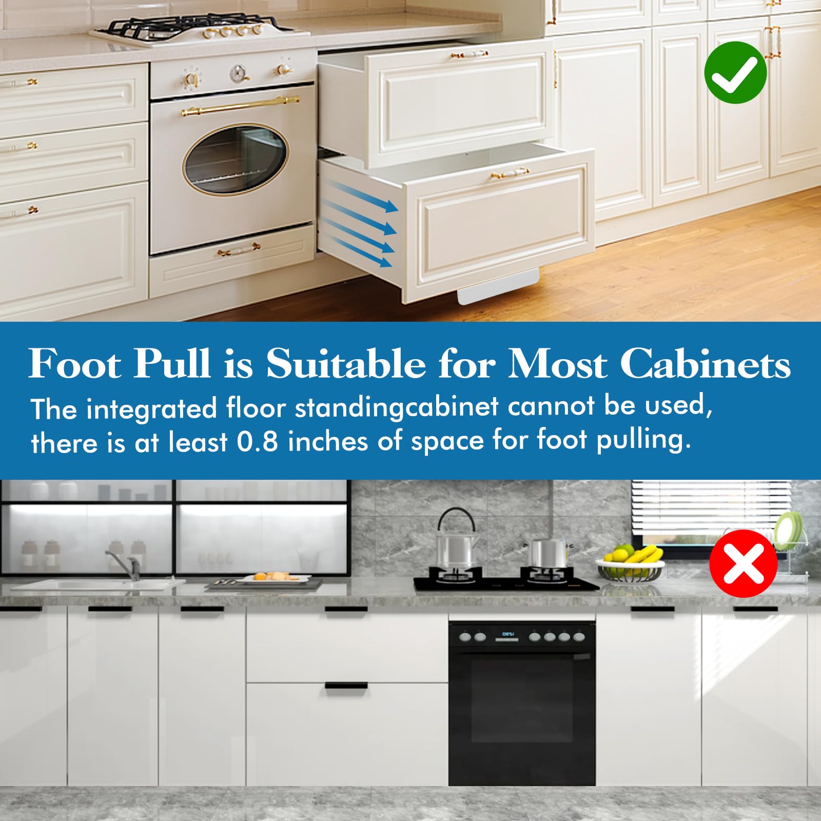 JZHLLA Cabinet Foot Pull Trash Cabinet Handle Trash Drawer Foot Pull for Full Overlay Cabinet Door Hands Free Trash Cabinet Opener for Kitchen, Living Room, Bedroom, Laundry Room (1, White)