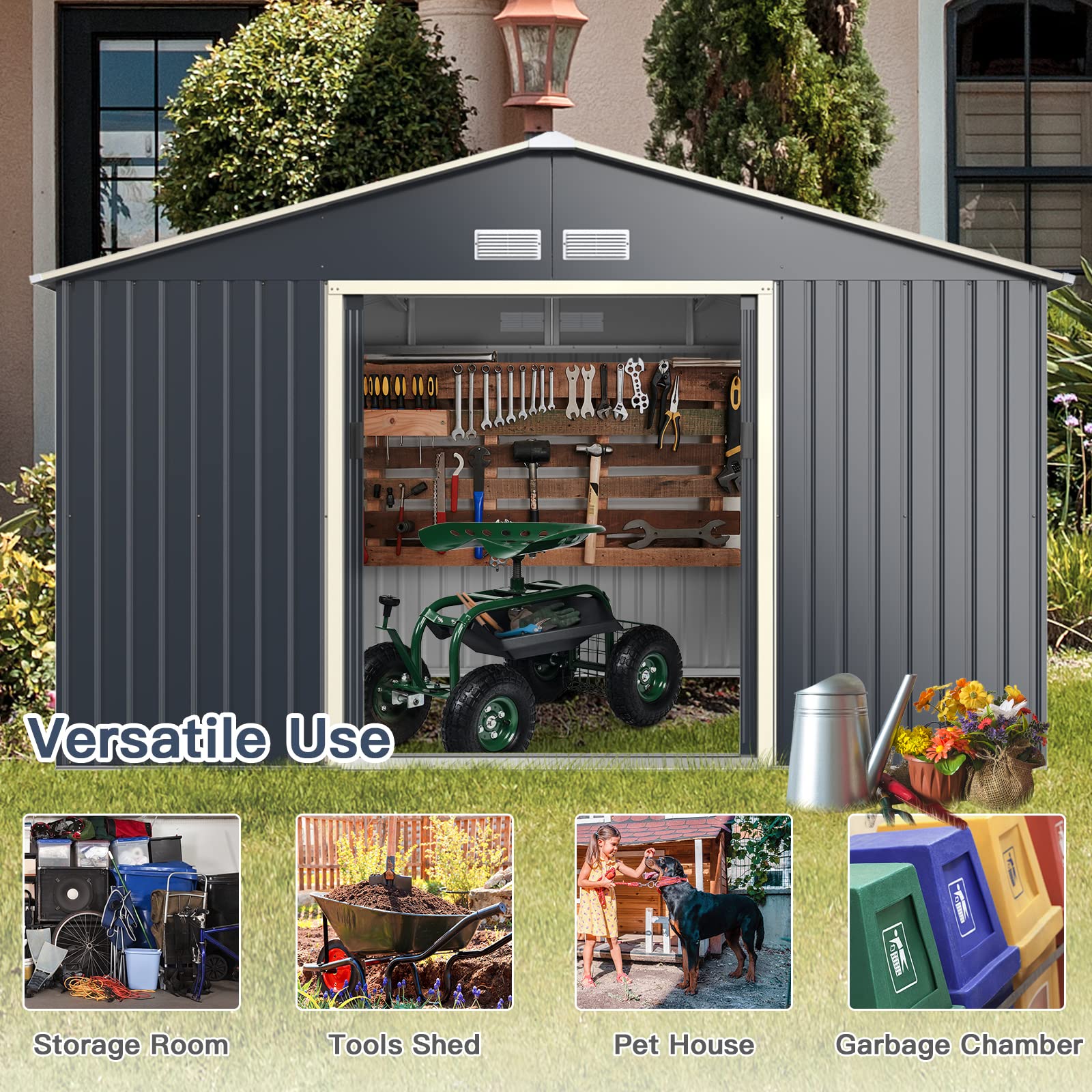 IRONMAX 11x8 FT Outdoor Storage Shed, Galvanized Steel Garden Shed w/Double Sliding Doors & Air Vent for Lawnmower Tool Bike, Heavy Duty Tool Storage House for Backyard Patio Lawn
