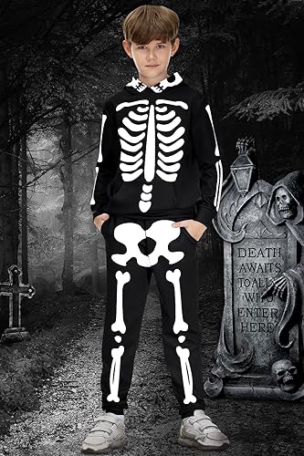Kid Girls Skeleton Bone Hooded Sweatshirts Skull Halloween Pullover Hoodies for Boys 7-8 Years