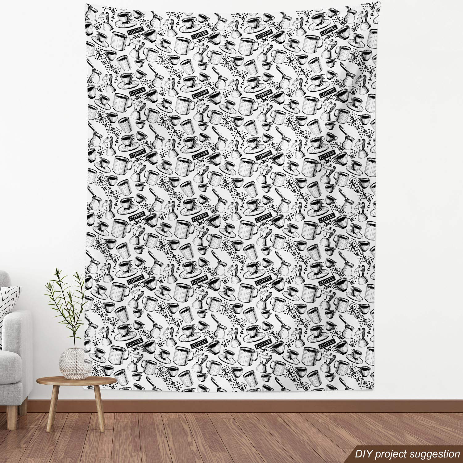 Lunarable Coffee Fabric by The Yard, Abstract Monochrome Coffee Sign with Cups Beans and Moka Pot Pattern Hand Drawn, Decorative Fabric for Upholstery and Home Accents, 1 Yard, Black White