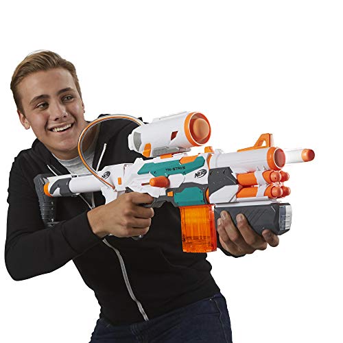 Nerf Modulus Tri-Strike Blaster, Mega Barrel, Rocket Launcher, Clip, 10 Elite Darts, 4 Mega Darts, 1 Rocket, Kids Outdoor Games (Amazon Exclusive)