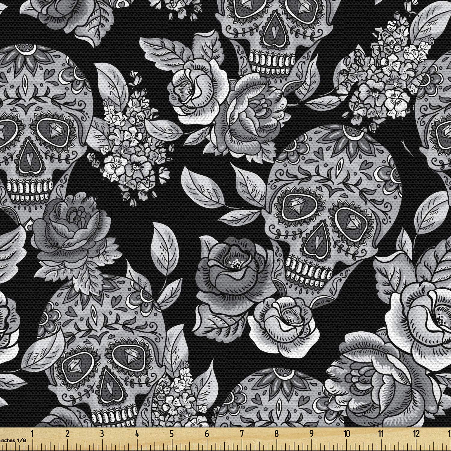 Lunarable Gothic Fabric by The Yard, Composition of Skeleton Skull Heads and Flowers Dark and Scary Details, Decorative Fabric for Upholstery and Home Accents, 1 Yard, Grey Charcoal