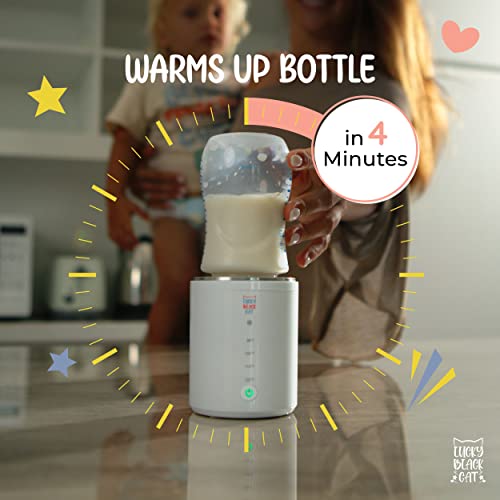 Portable Bottle Warmer for Travel by Lucky Black Cat, Travel Bottle Warmer with 6 Adapters, 4 Minutes Fast Heating Portable Bottle Warmer for Breastmilk, 4 Temperature Settings, Cordless Bottle Warmer