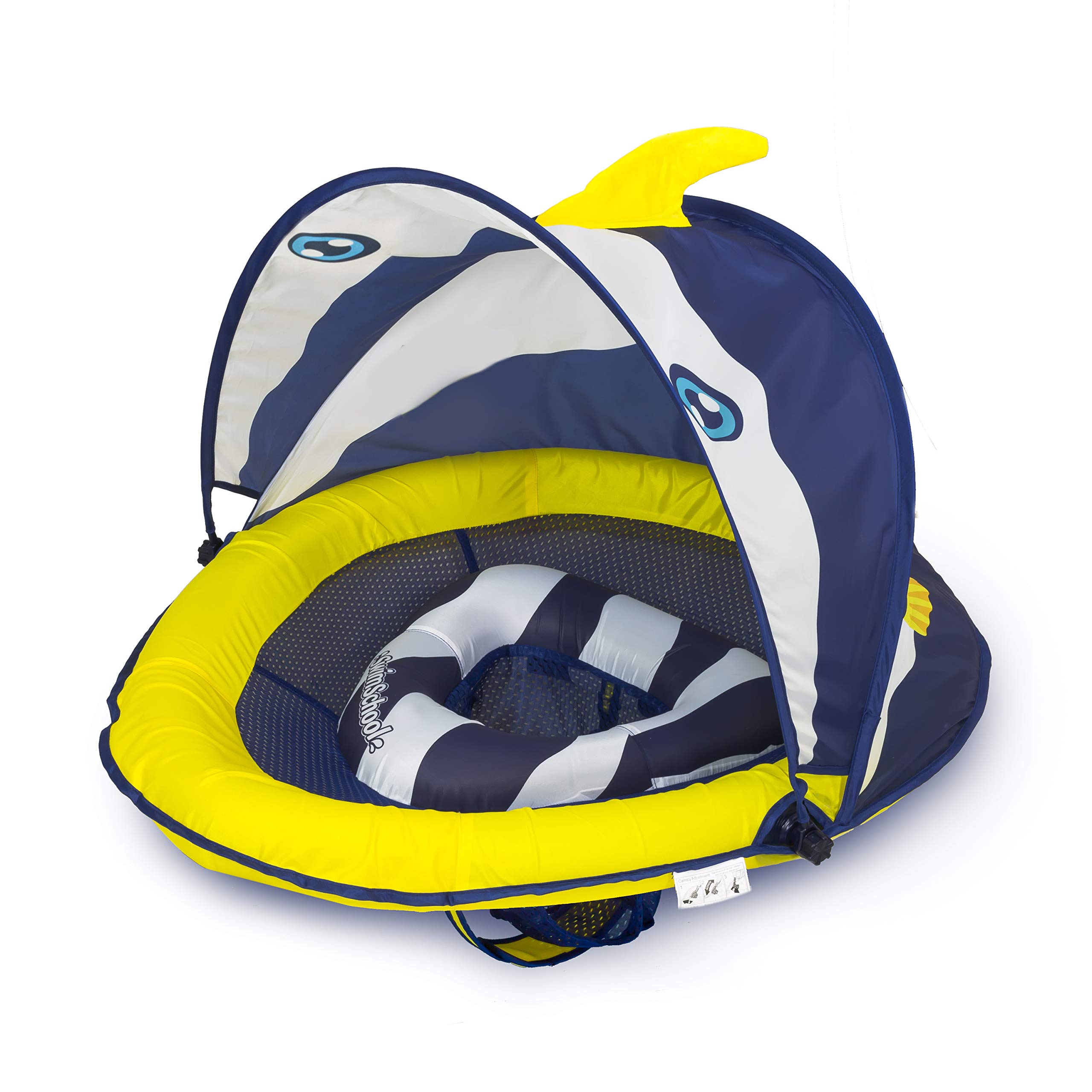 SwimSchool Deluxe Baby Float with Adjustable Canopy - 6-24 Months - Baby Swim Float with Splash & Play Activity Center Safety Seat - Navy/White