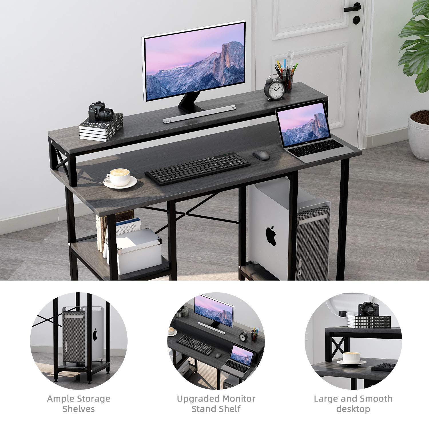 Computer Desk with Shelves - Writing Study Desk with Monitor Stand Shelf/Bookshelves/CPU Stand,Modern Study Table Stable Metal Frame Student Desk for Small Space Home Office Workstation(Black)