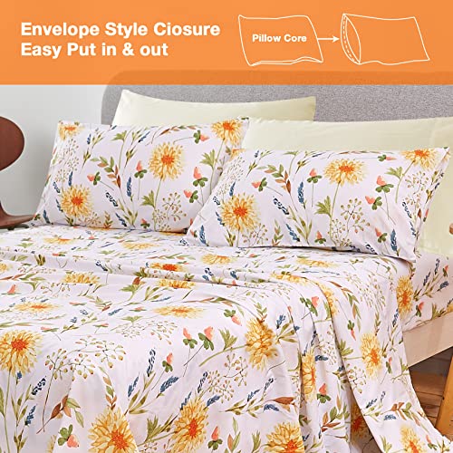 JSD 6 Piece Yellow Floral Print Sheet Set Queen Size, Soft Botanical Microfiber Sheets and Pillowcases Deep Pocket