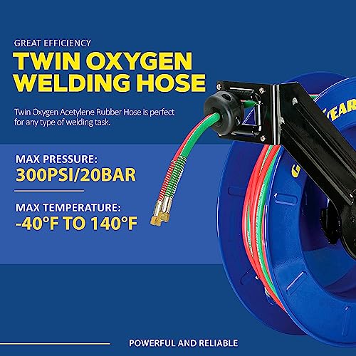 Goodyear Welding Hose Reel Retractable 1/4" Inch x 50’ Foot Twin Oxygen Acetylene Rubber Hoses STD Duty Max 300PSI Heavy Duty Industrial Single Arm Construction
