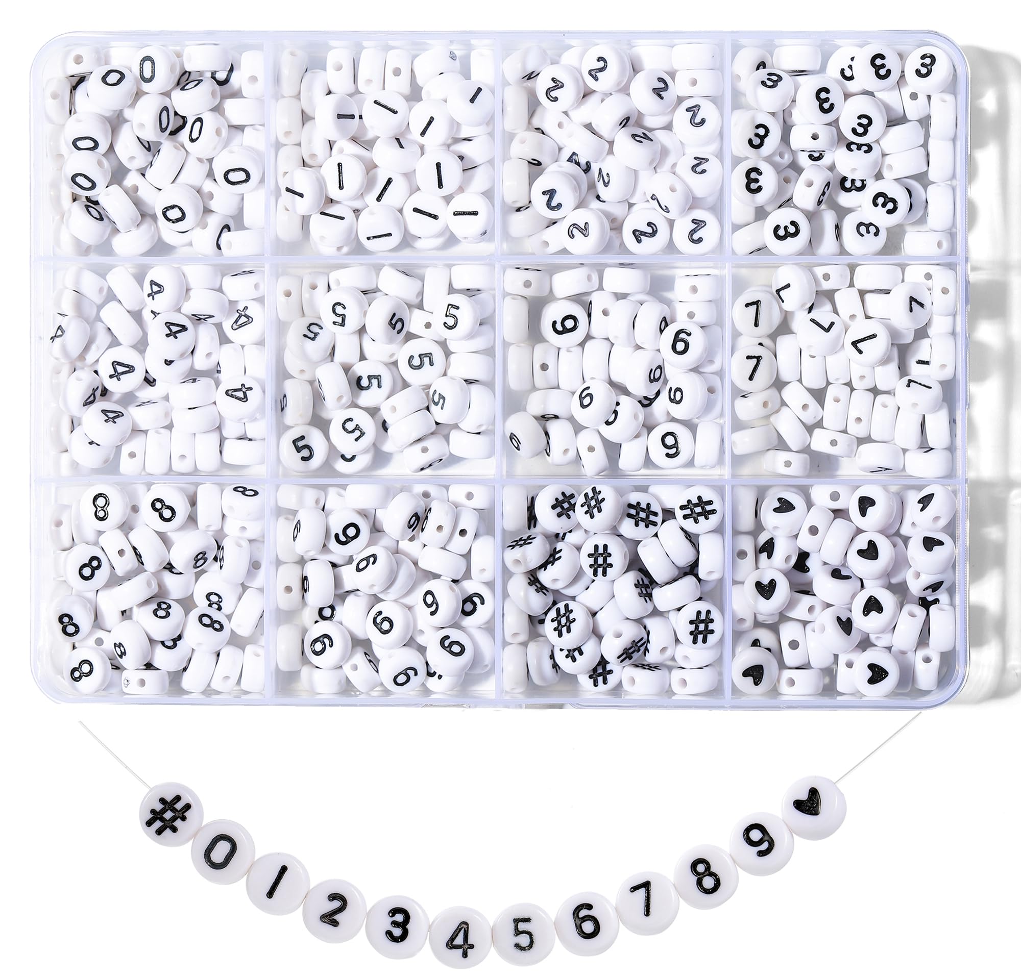 Hudinsun 500Pcs 0-9 Acrylic Number Beads in 12 Grid Box Round Beads for Bracelets Neckless Friendship Jewelry DIY Making (4x7mm Box, White)