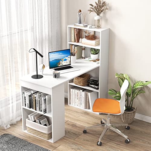 IFANNY 48 Inch Computer Desk with Bookshelf, Reversible Home Office Desk with Open Shelves & CPU Stand, Modern Space-Saving Writing Desk Computer Workstation for Study, Living Room (White)