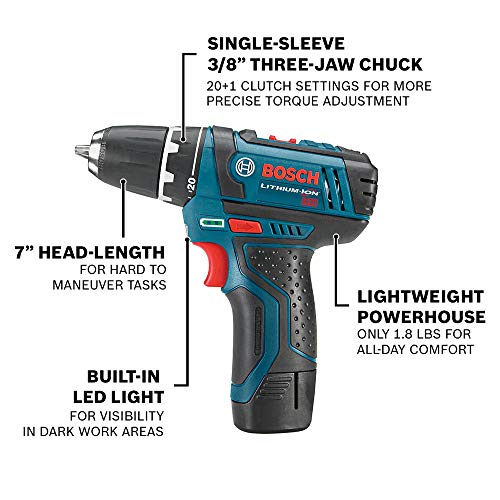 Bosch Power Tools Drill Kit - CLPK22-120 - 12-Volt Lithium-Ion 2-Tool Combo Kit (Drill/Driver and Impact Driver) with 2 Batteries, Charger and Case w/ 91 pc drill and drive bit set