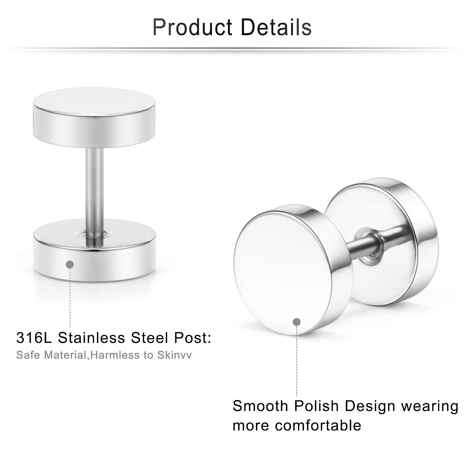 Cisyozi Flat Back Earring stud for Men 18gauge cute Black Silver Earring Stud Stainless Surgical Steel tragus cartialge helix ear lobe Disc Circle Round CZ Gem Fake Gauge Dot Earring Set fo Women Men
