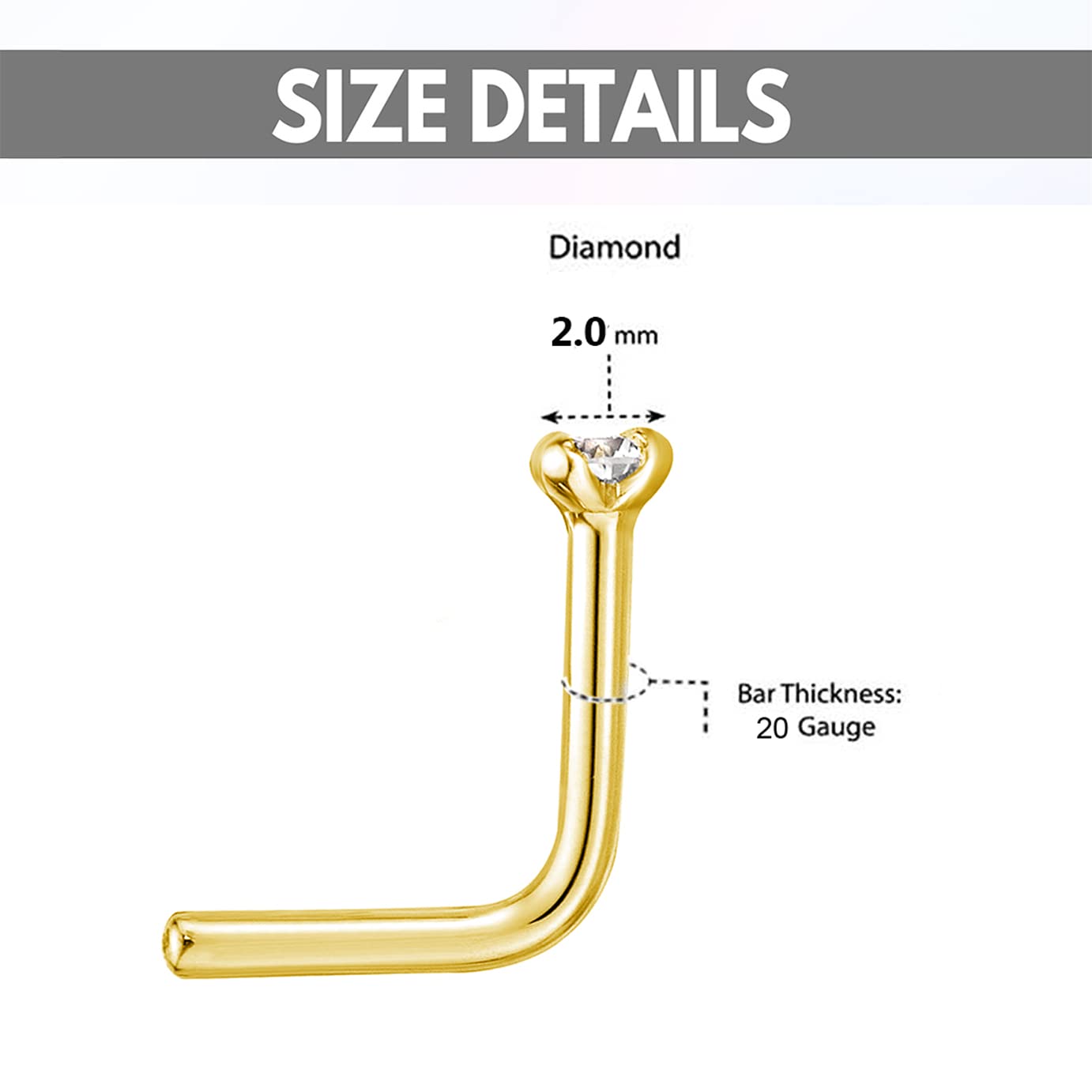 CTIEIP 14K Yellow Gold 0.03 carat Natural Diamonds L-Shaped Nose Ring for Women,20 Gauge(I2-I3 Clarity)