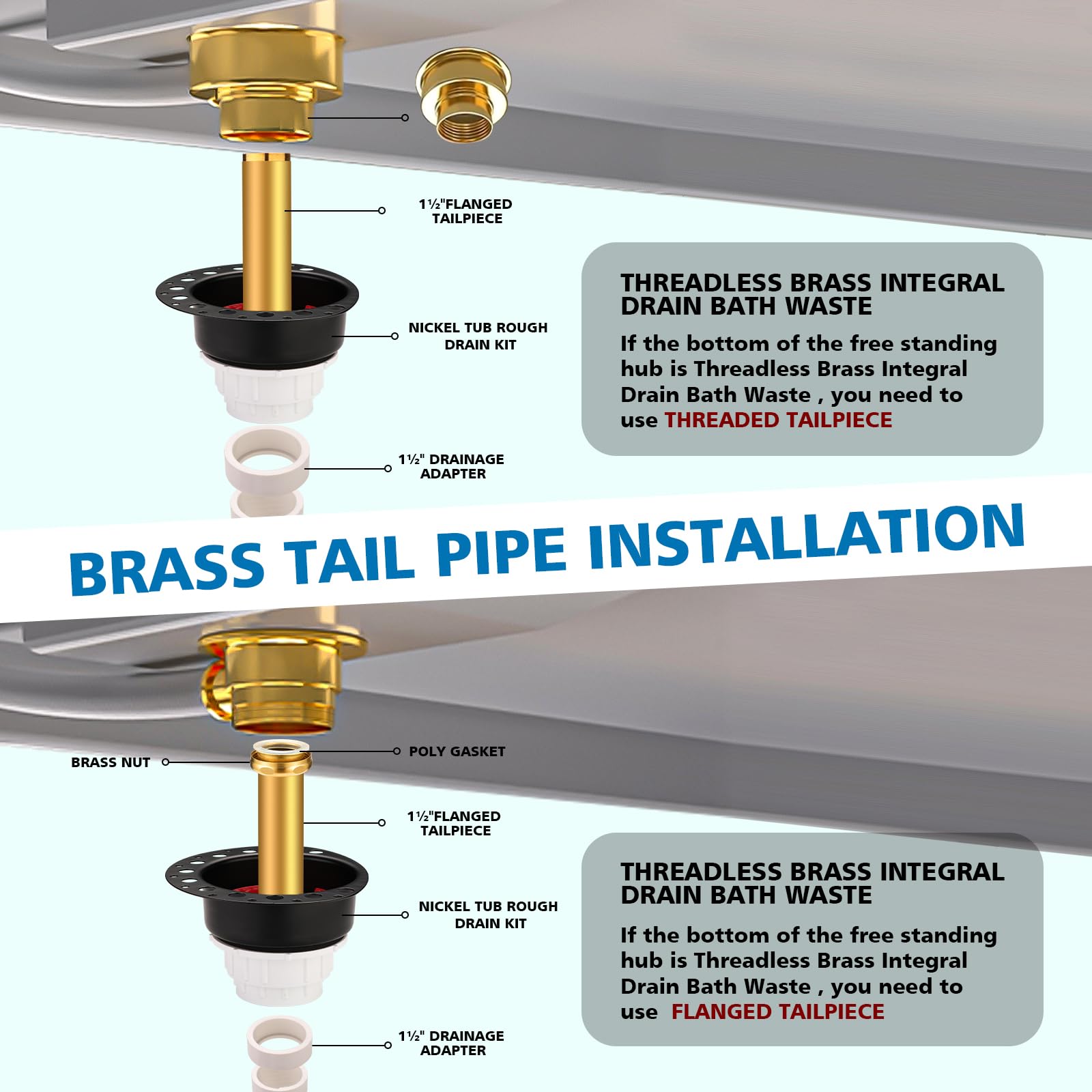Freestanding Tub Drain Rough-in Kit, Bathtub Drain Kit with PVC Plastic Adapter and Brass Tail Pipes, Compatible with Freestanding Bathtub, Floor Mounted Bathtub and Copper Bathtub