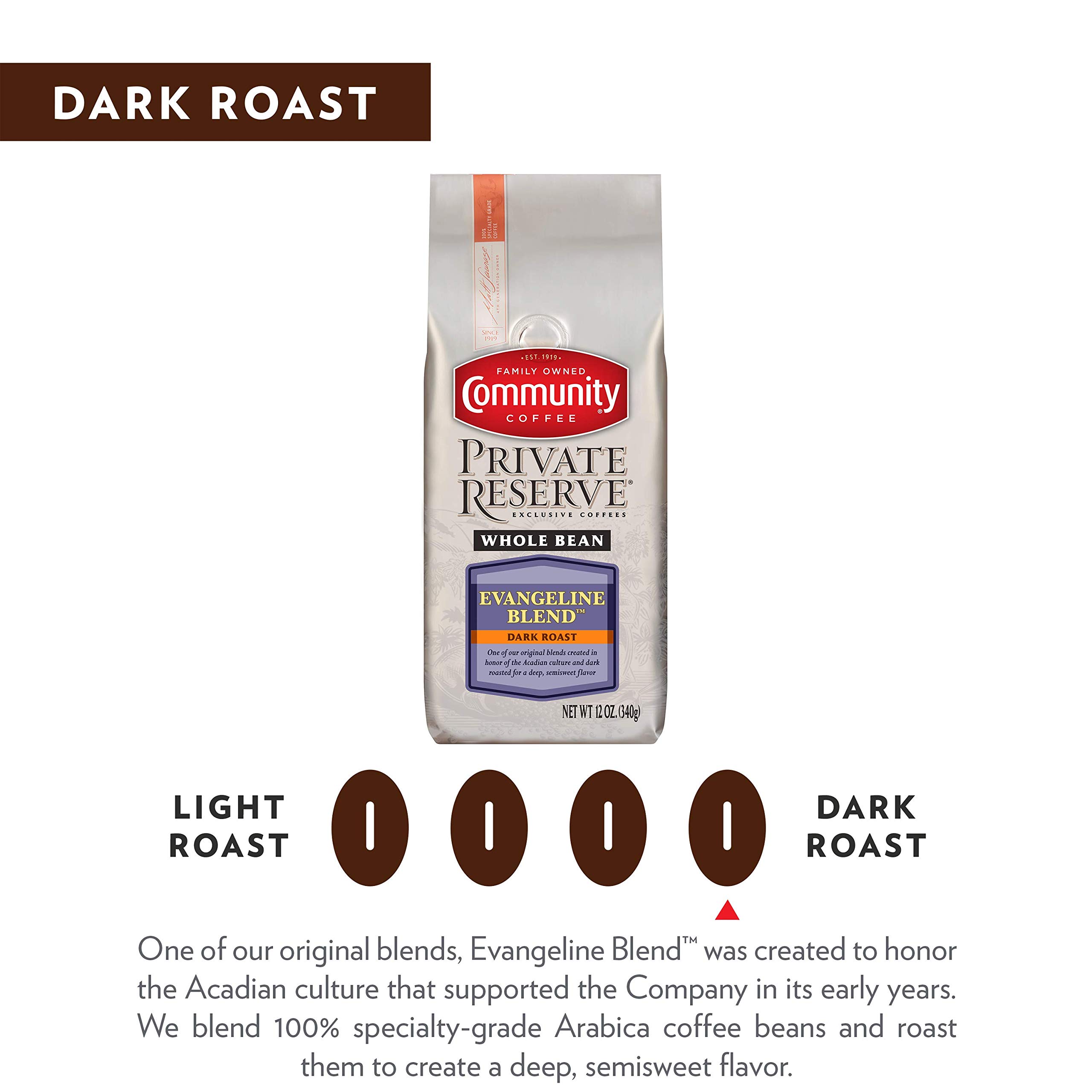 Community Coffee Private Reserve Evangeline Blend Whole Bean Coffee, Dark Roast, 12 Ounce Bag (Pack of 3)