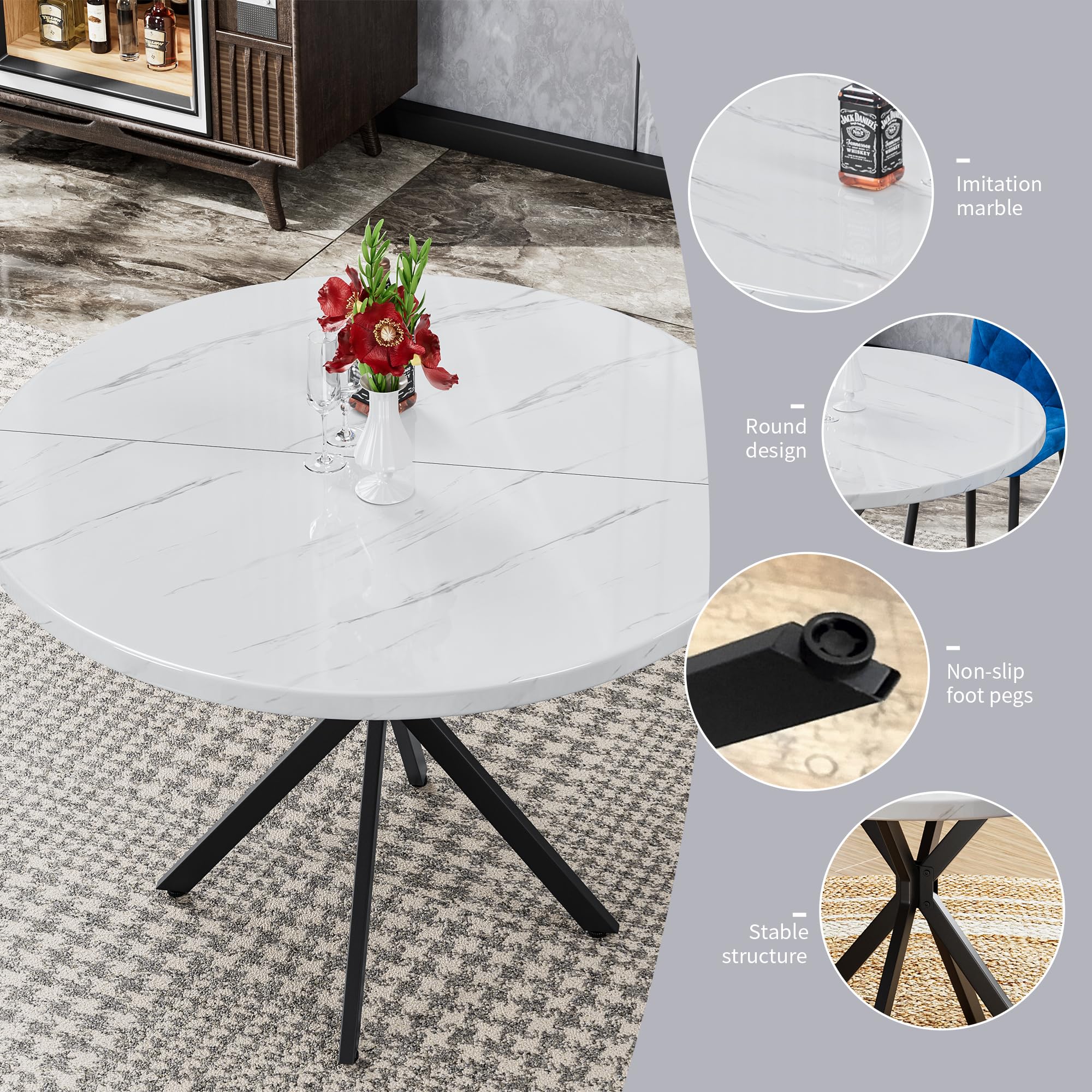 DKLGG White Round Dining Table Set for 4, 39" Round Kitchen Table Set with 4 Upholstered Velvet Chairs, Space-Saving Dining Table Set for Kitchen Dining Room(1 White Table with 4 Grey Chairs)