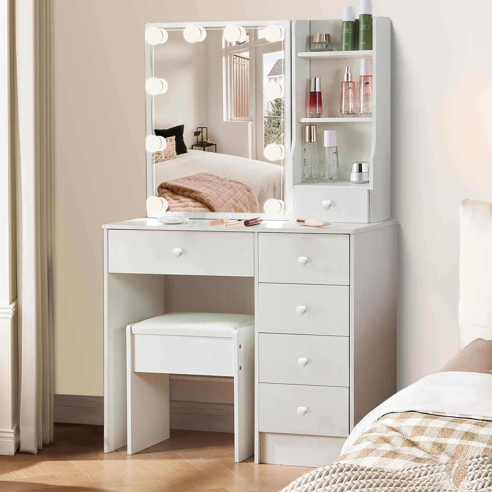 Guanglai Vanity Set with Sliding Mirror and Light, Vanity Dressing Table with 5 Drawers and Open Shelf, 2024 New Makeup Dresser, Vanity Desk with Stool for Christmas Day