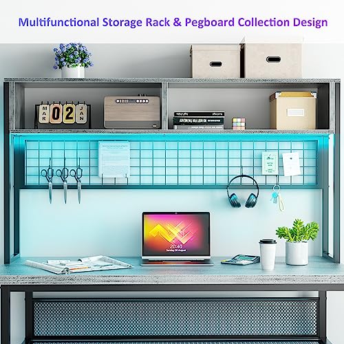 Unikito U Shaped Computer Desks with Hutch, 106 Inch Large Reversible L Shaped Office Desk with Power Outlets and LED Strip, U Shape Gaming Table with Monitor Stand and Storage Shelves, White Oak