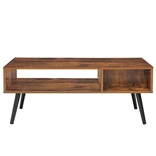 Iwell Mid Century Coffee Table with Drawer and Storage Shelf for Living Room, Wood Cocktail Table, Accent TV Table for Reception Room/Office, Easy to Assemble, Rustic Brown