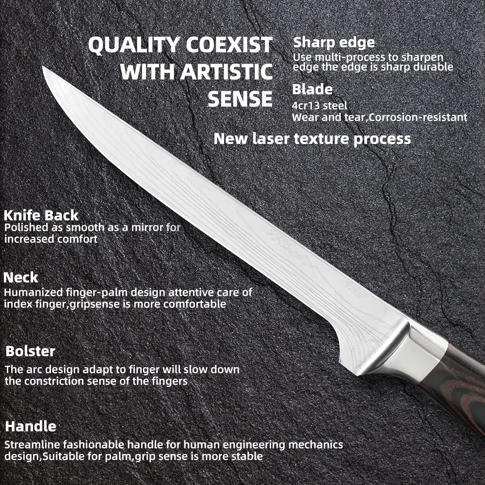 Fseoot Boning Knife Japanese High Carbon Stainless Steel Deboning Knife Professional Kitchen Chef Knife for Meat Fish Poultry Chicken with Ergonomic Handle (Brown)