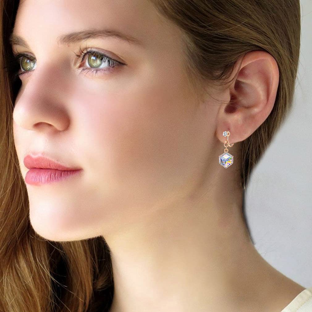 Cube Austrian Crystal Drop Clip On Dangle Earrings for Women Non Pierced 14K Rose Gold Plated Hypoallergenic Jewelry (Aurora Borealis)