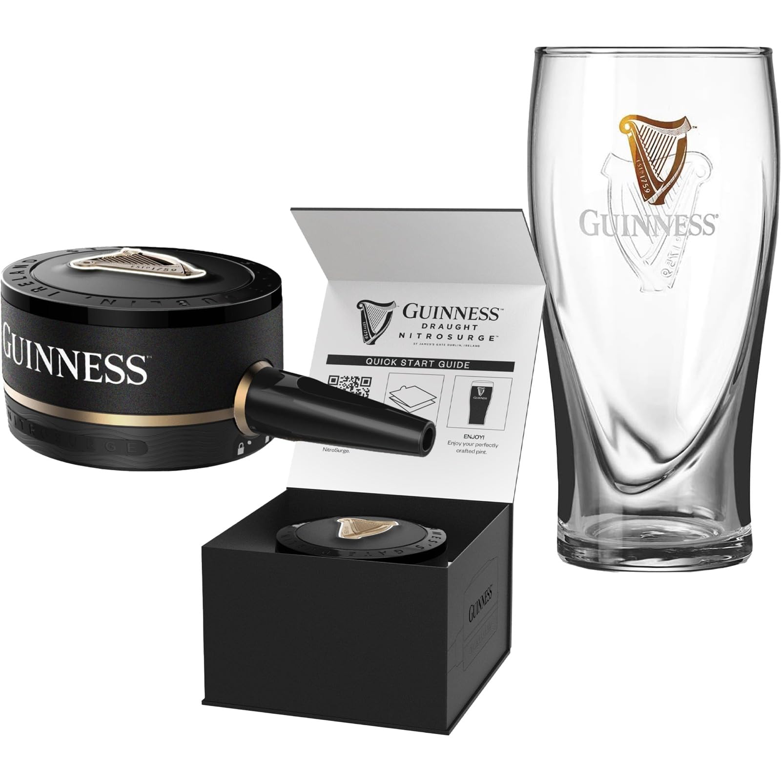 Guinness Nitrosurge Device With 20oz Gravity Pint Glass Giftset, Stout Beer, Perfect Pub Pour At Home Gift, Rechargeable Nitro Surge Guinness Device