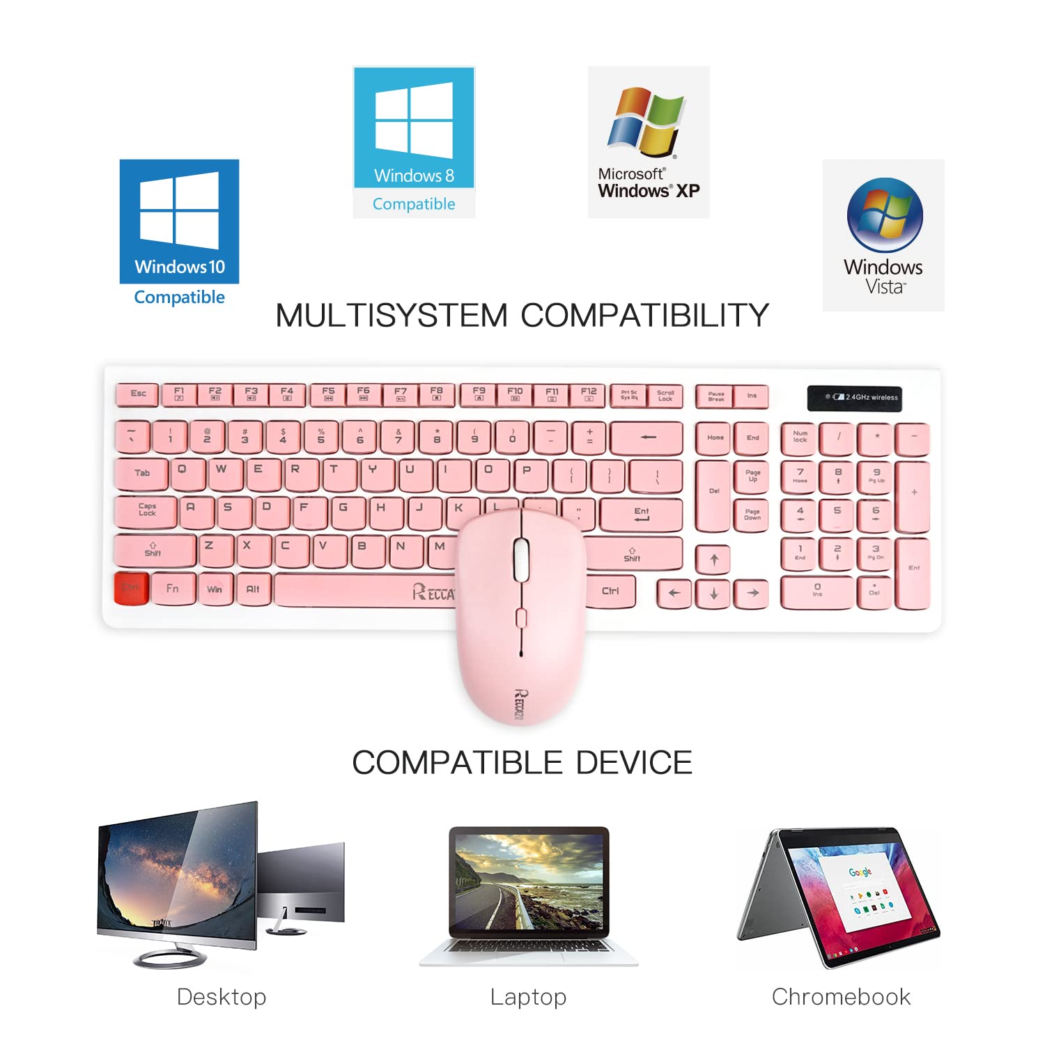 RECCAZR Wireless Keyboard and Mouse Combo, 2.4Ghz Full Size Wireless Keyboard and DPI Adjustable Mouse,Long Battery Life, Lag-Free Wireless Keyboard and Mouse for PC, Windows, Desktop, Laptop(Pink)