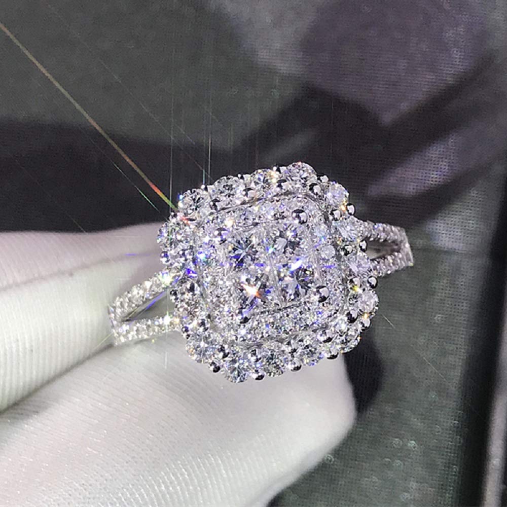 CIUFEWEK S925 Sterling Silver Shiny Full Diamond Engagement Ring Women Exquisite Princess Cut Cubic Zirconia Ring Eternal Diamond Wedding Ring Fashion Jewelry Women US Code 7