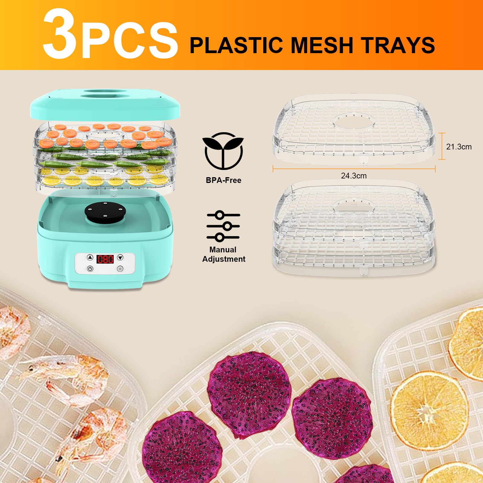 FREZORA Food Dehydrator Machine for Fruit and Jerky, Fruit,Vegetables and More, 3 BPA-Free Trays, Adjustable Temperature, 24 Hour Timer + Auto Shutoff