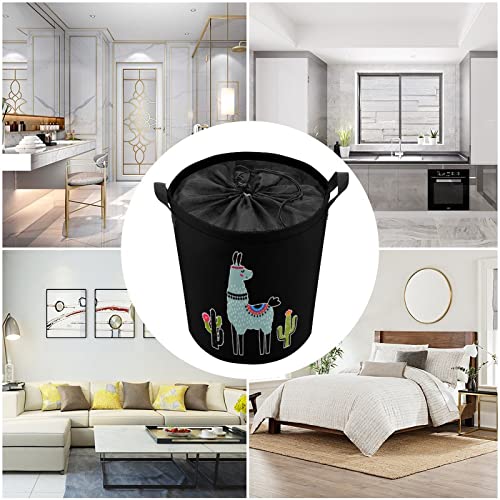 Cute Llama with Cactus Laundry Basket Round Collapsible Storage Bin with Drawstring and Handle for Bedroom Bathroom Toys Room 17.3" X 13.8"