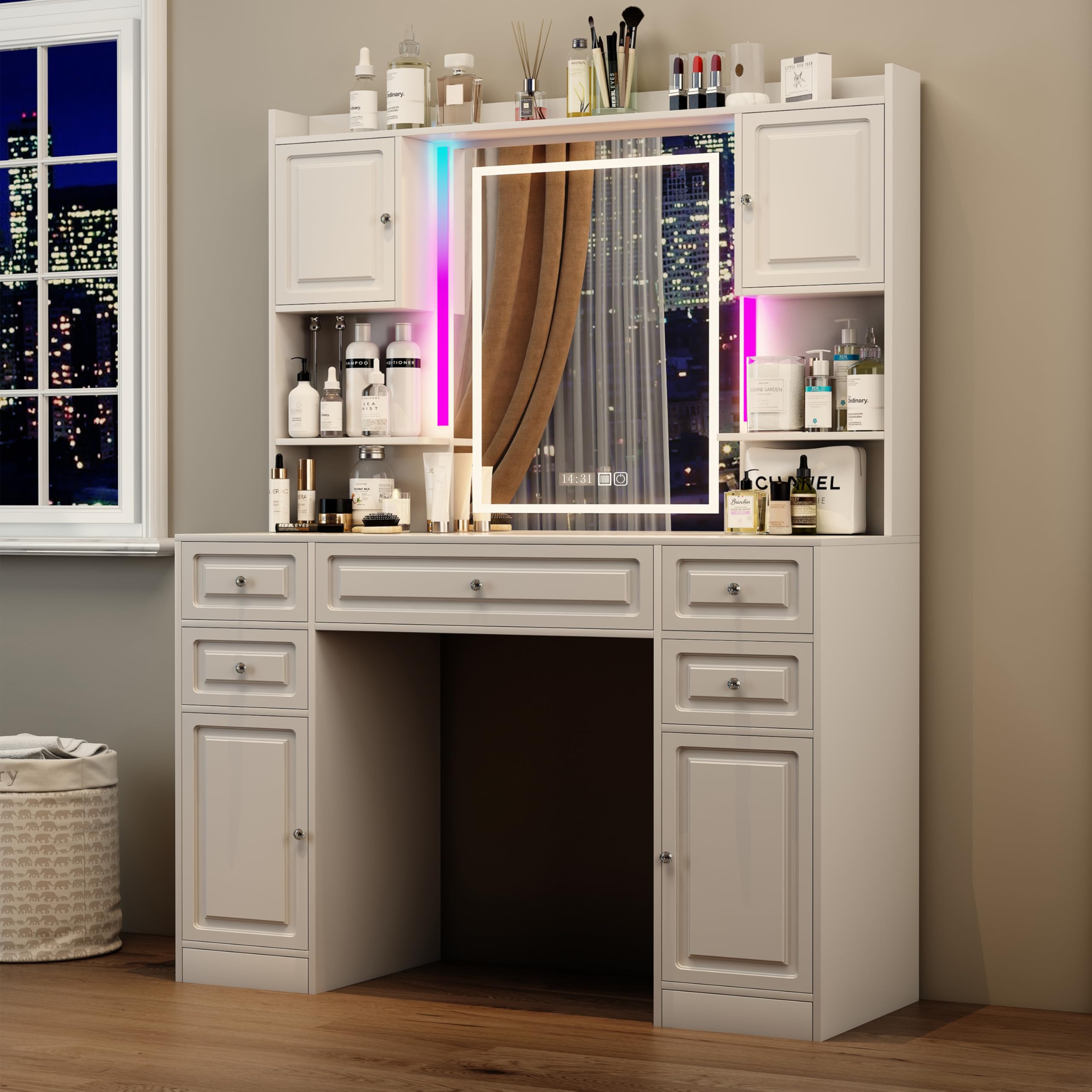 GLAUBIO Makeup Vanity Desk with Lighted Mirror & Cabinets,Makeup Vanity Set with 3 Color Modes, Brightness Adjustable Vanity Table with Drawer,White