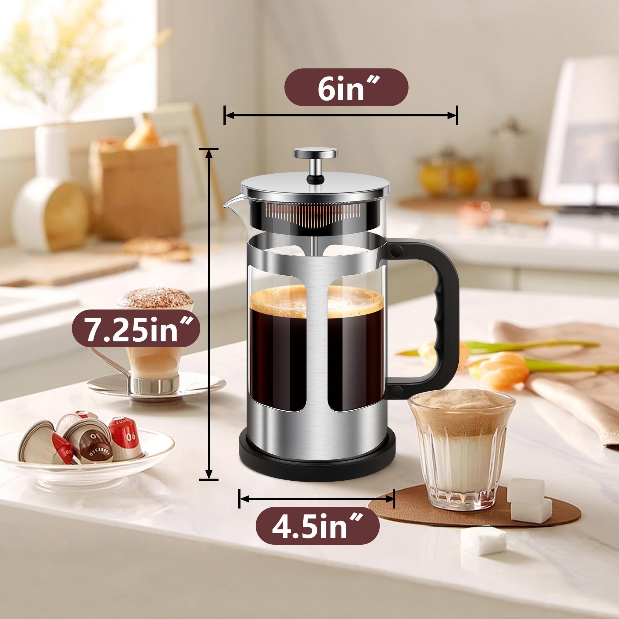 Gulex® French Press Coffee Maker Tea Maker (36 oz) 304 Stainless Steel Glass Coffee Press with 4 Filters Screen