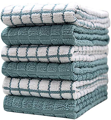 Kitchen Towels 16"x 28" | Dish Towels | Kitchen Hand Towels | Large Dishcloths Set | Highly Absorbent Tea Towel, Soft with Hanging Loop | Natural Ring Spun Cotton, 380 GSM | Aqua Check Design - 6 Pack