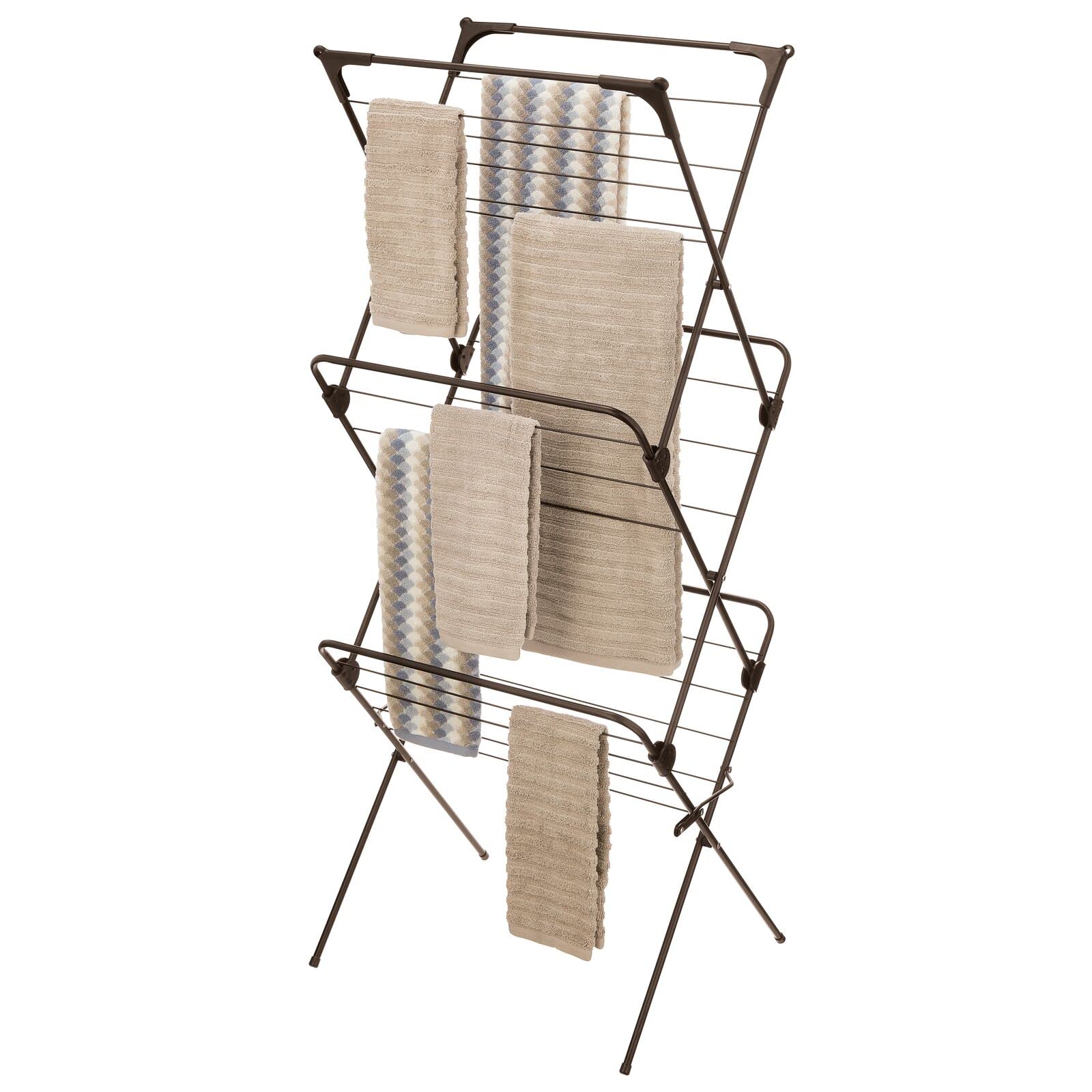 mDesign Tall Metal Foldable Laundry Clothes Drying Rack Stand - Compact, Portable, Folding, and Collapsible for Storage - Large Capacity, 27 Drying Rods, 46 Feet of Drying Hanger Space - Bronze