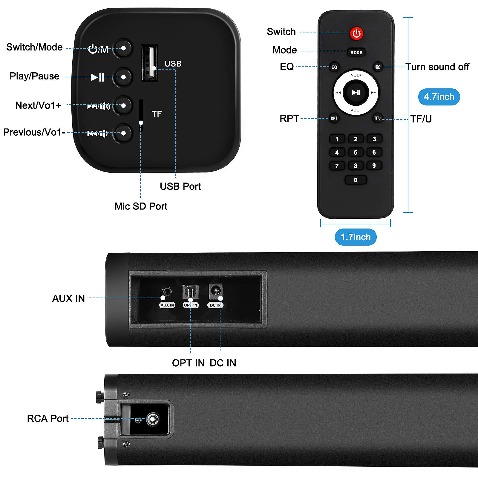 Sunyuey tv Sound bar, 37inch Audio tv Speaker with Surround Sound Home Theater System 4 Driver Speakers,Remote Control,Wall Mounted,Optical/Aux/RCA/USB/Micro SD Connection