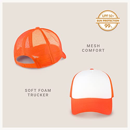 CHOK.LIDS Foam Trucker Hat Summer Mesh Cap Solid Two Toned Blank Foamhead hat for Mens Womens Adjustable Strap Light Weight (White/Neon Orange)