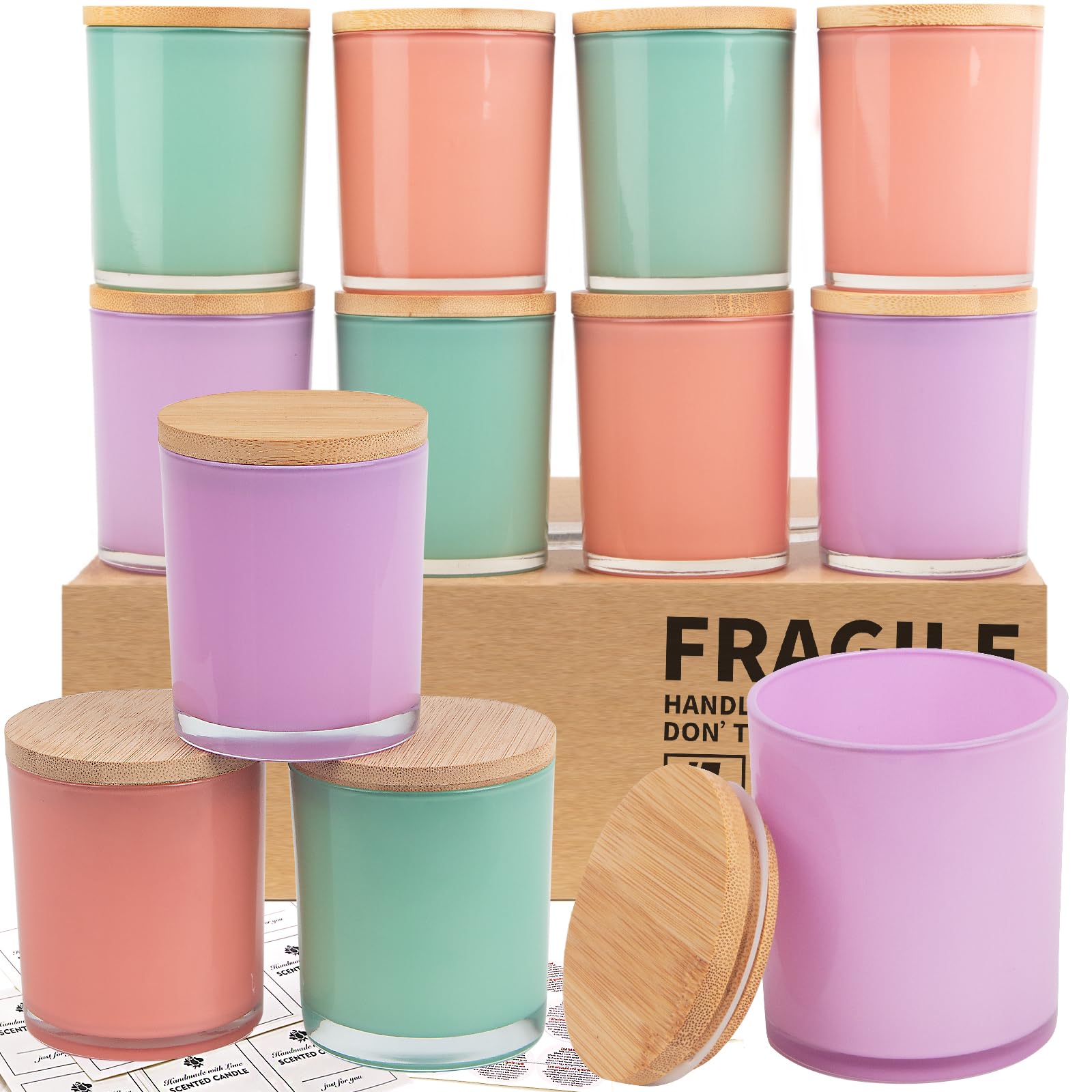 CONNOO 12 Pack 10 OZ Spring Color Glass Candle Jars for Making Candles with Airtight Bamboo Lids Nice Sticky Warning Labels for Candle Making Empty Container Bulk - Dishwasher Safe