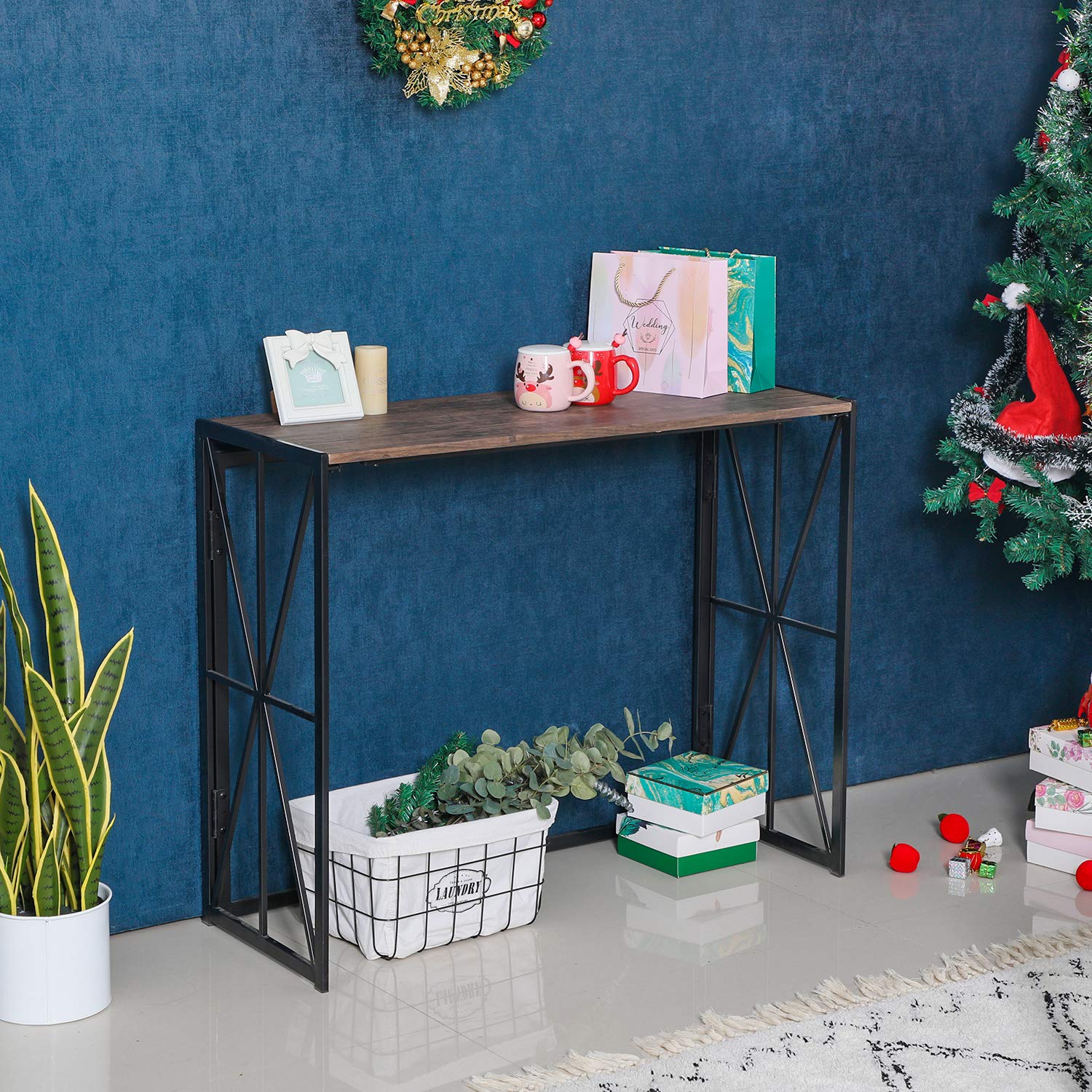 Console Sofa Table for Entryway No Assembly Couch Hallway Wall Table Folding Living Room TV Stand Narrow Entrance Foyer Table Industrial Kitchen Buffet Bar Height Table with Metal X-Frame,Rustic Brown