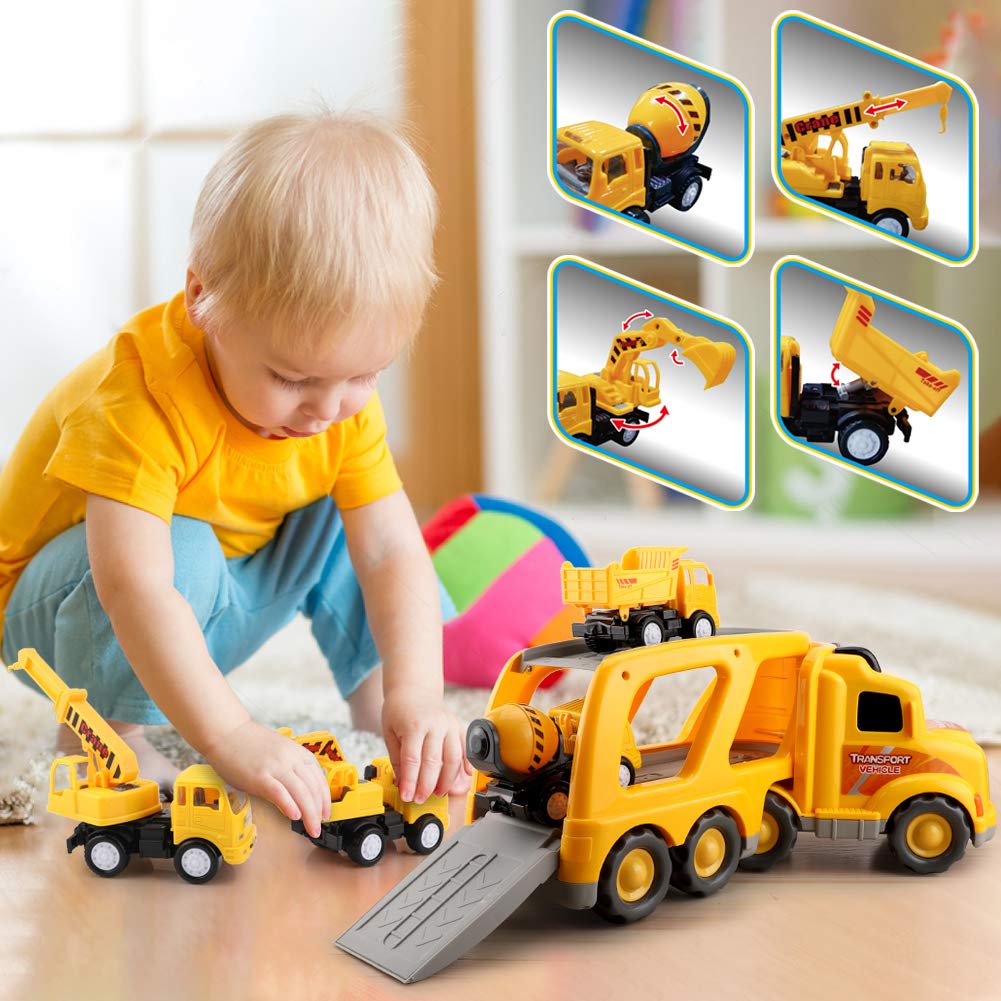 Construction Vehicle Toy Set with Sound and Light for 3-6 Year Old Kids - Trucks, Crane, Mixer, Dump, Excavator